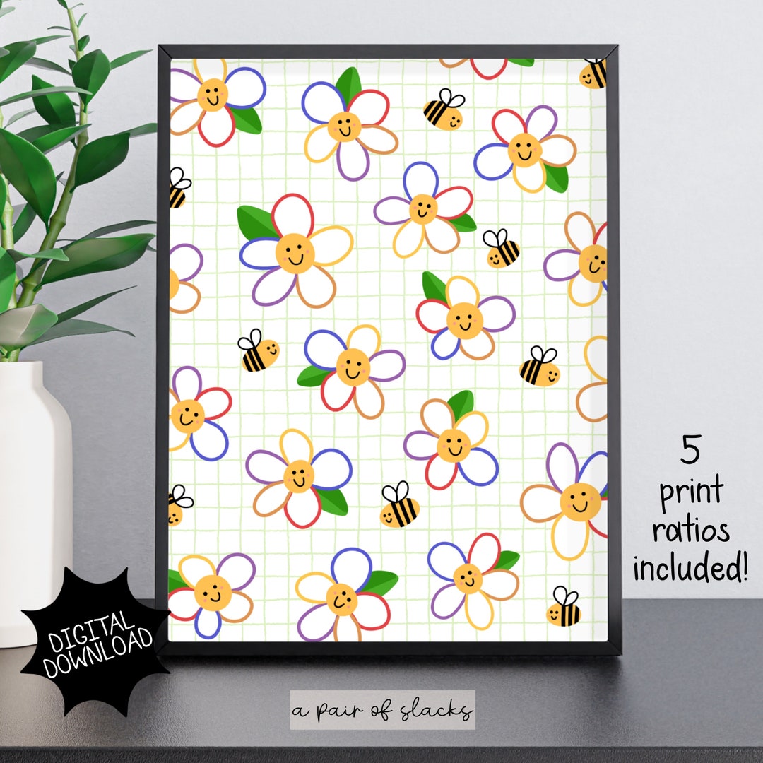 Smiley Flower Doodle Digital Art Print - Instant Download, Printable ...
