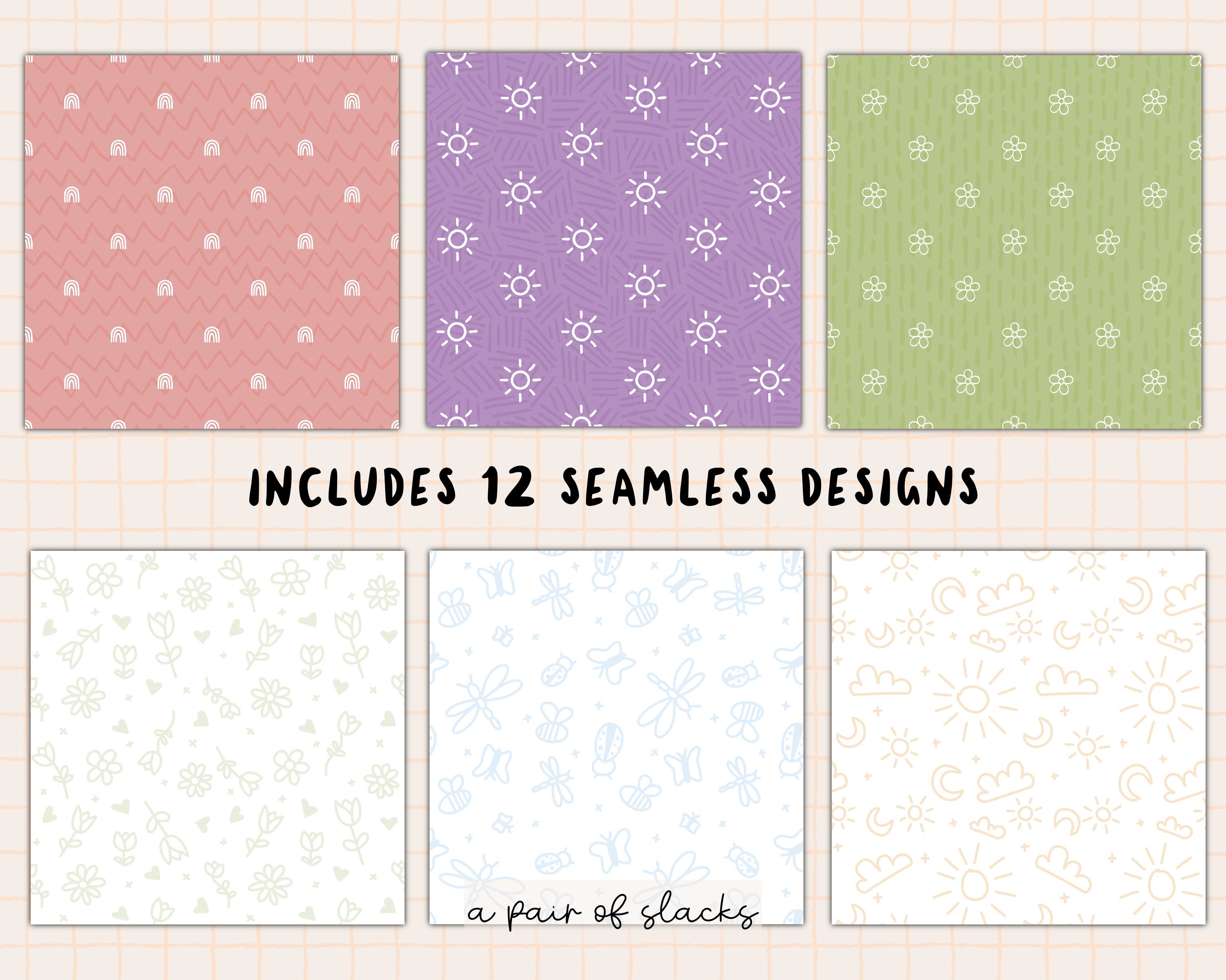 Checkerboard Doodles Digital Paper Pack - Spring, Flower, Sun, Ocean ...