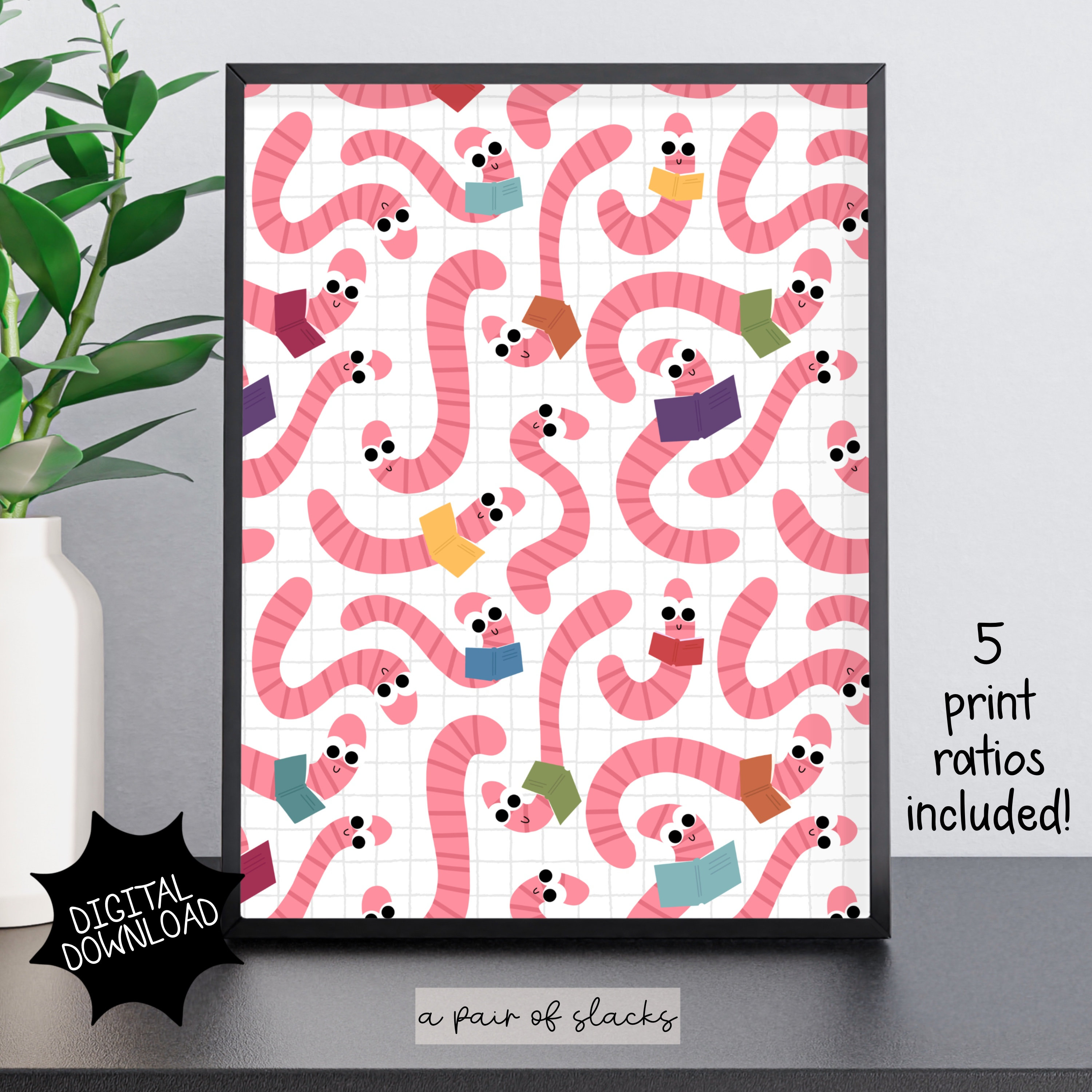 Bookworm Digital Art Print - Instant Download Printable Wall Art ...