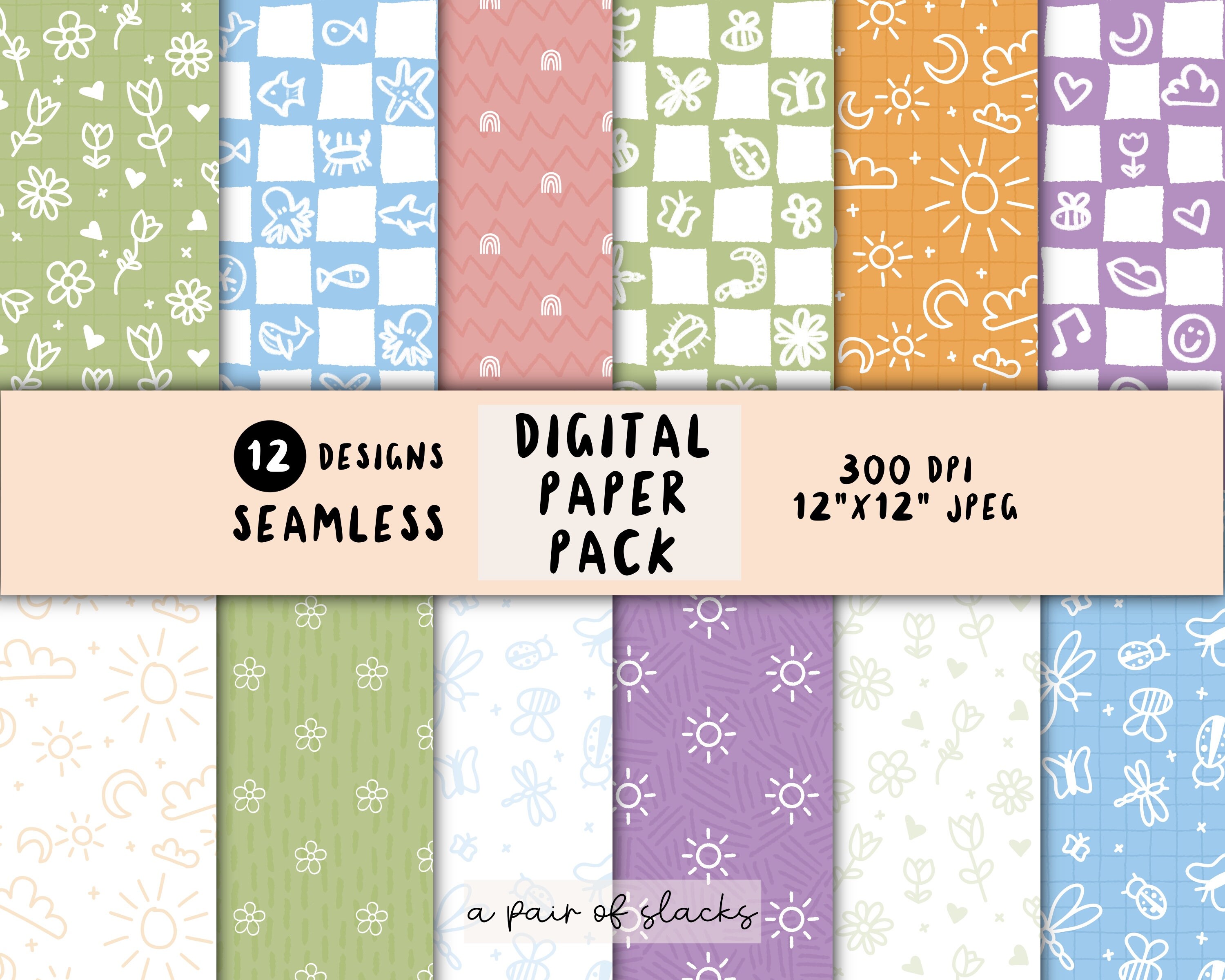 Checkerboard Doodles Digital Paper Pack - Spring, Flower, Sun, Ocean ...