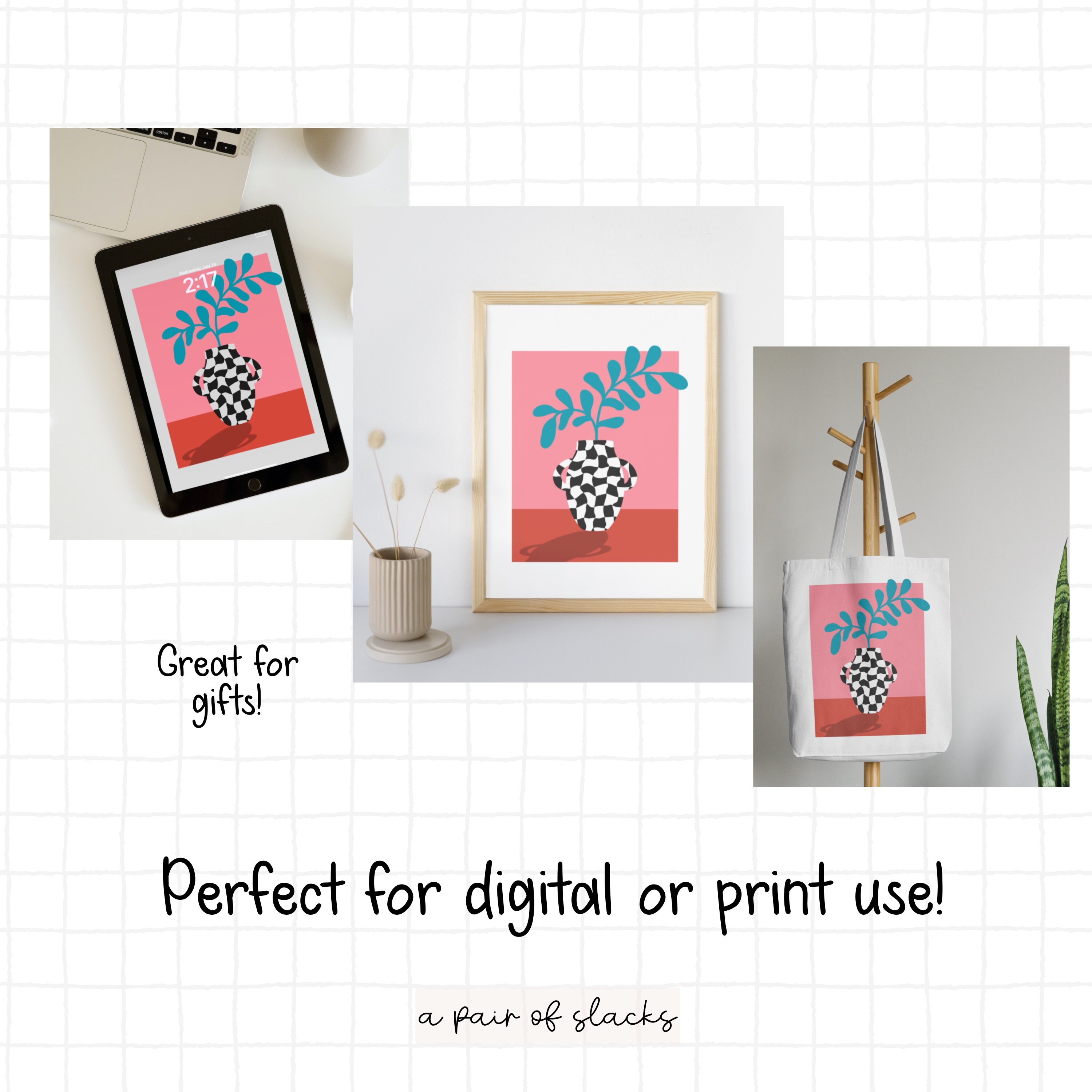 Checkered Vase Modern Digital Art Print - Instant Download Printable ...