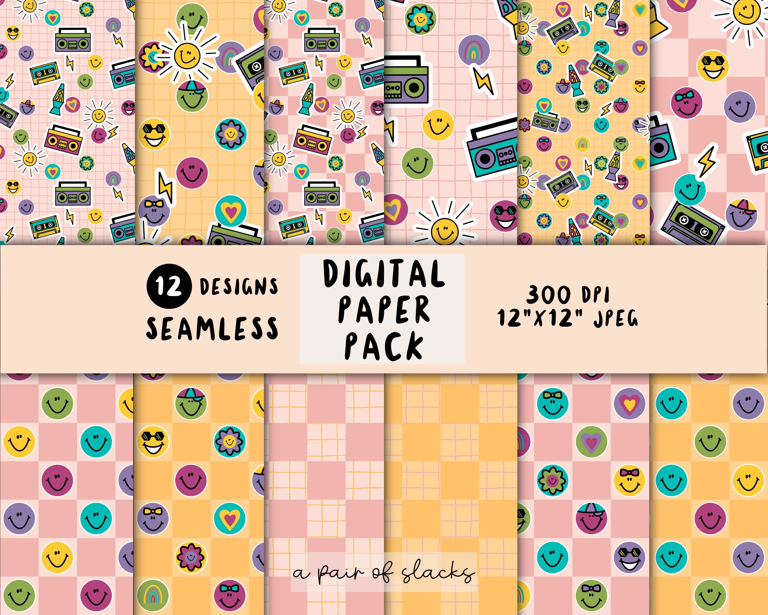 80s 90s Throwback Stickers Digital Paper Pack Smiley Face, Boom Box ...