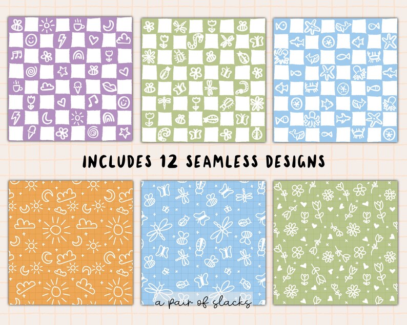 Checkerboard Doodles Digital Paper Pack - Spring, Flower, Sun, Ocean ...