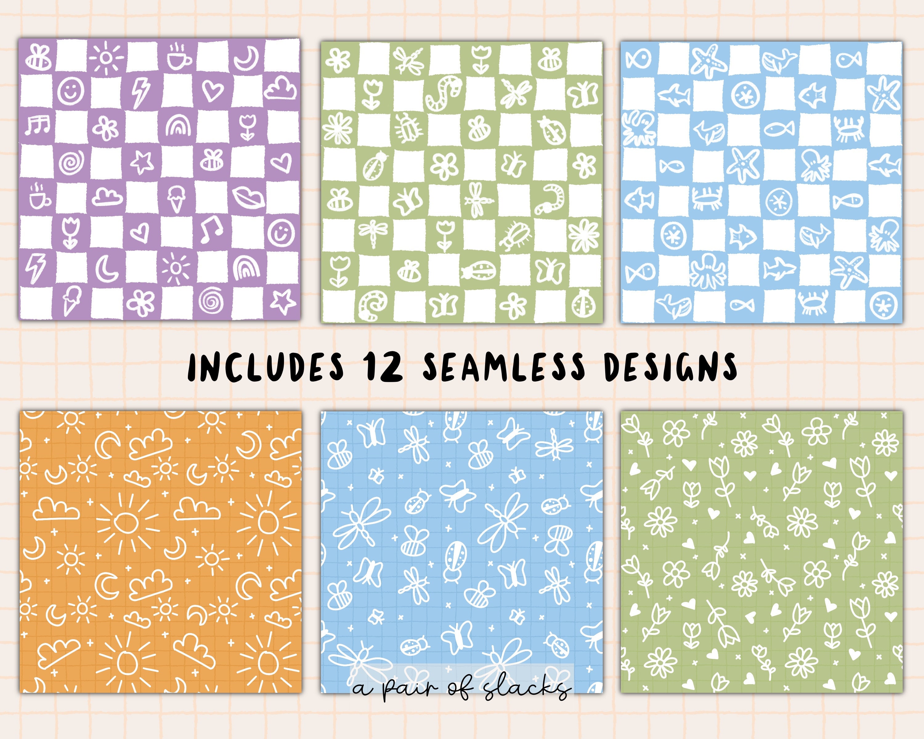 Checkerboard Doodles Digital Paper Pack - Spring, Flower, Sun, Ocean ...