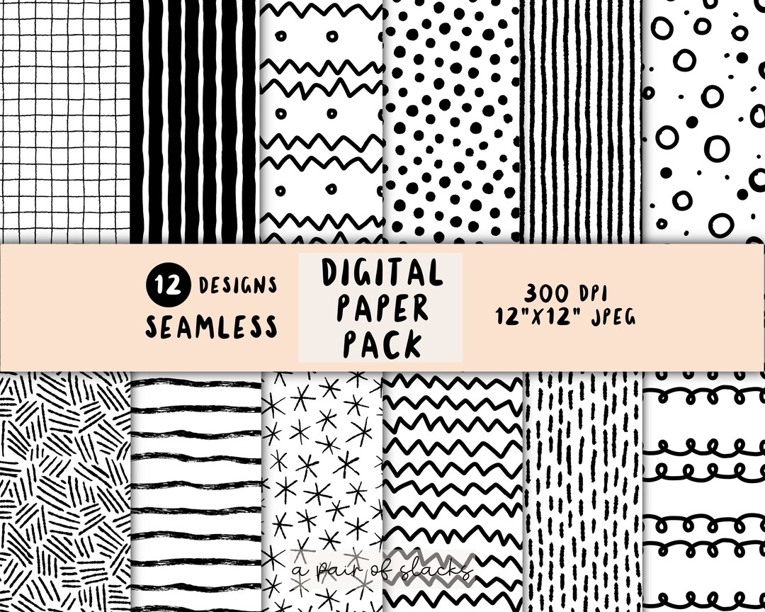 Black and White Doodles Digital Paper Pack - Neutral Wallpaper, Stripes ...