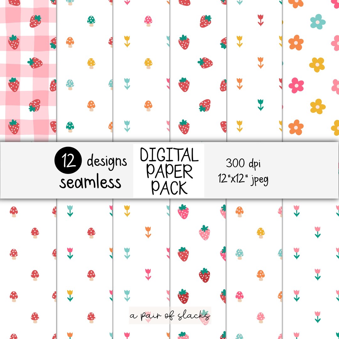 Rainbow Garden Digital Paper Pack- Seamless Strawberries, Mushrooms ...