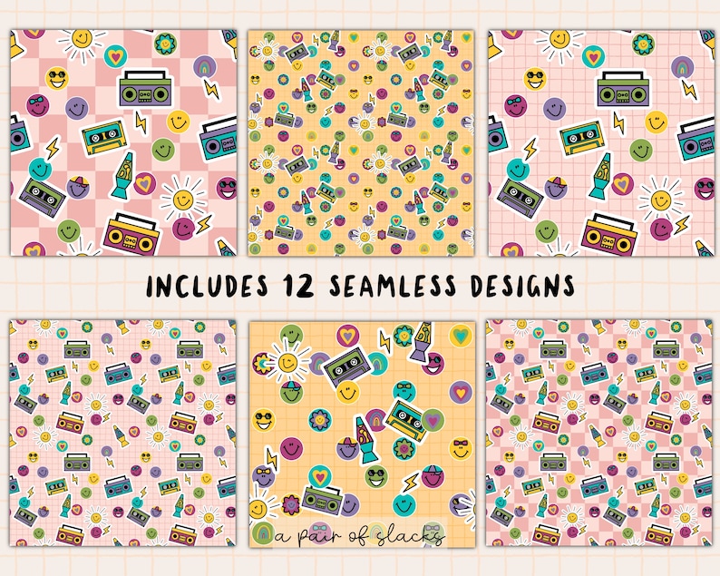 80s 90s Throwback Stickers Digital Paper Pack - Smiley Face, Boom Box ...