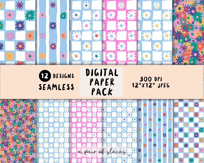 Bright Daisy Doodles Digital Paper Pack - Floral Illustration ...