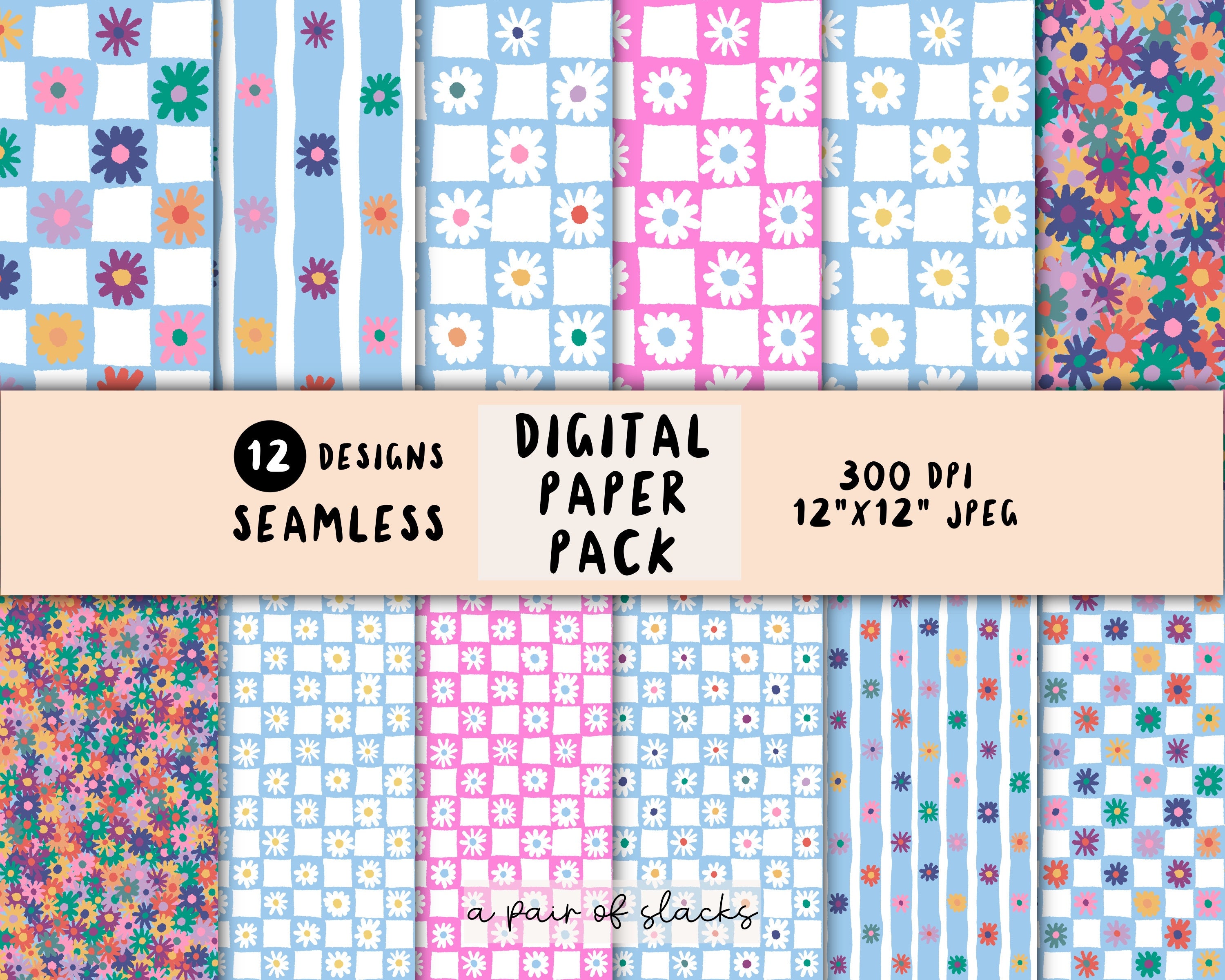Bright Daisy Doodles Digital Paper Pack Floral Illustration Background ...