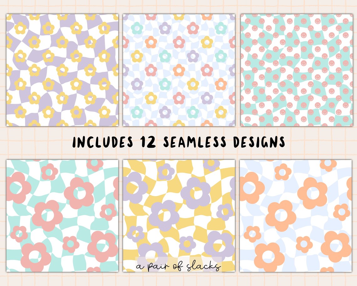 Distorted Pastel Checkerboard Digital Paper Pack - Flowers, Smiley ...