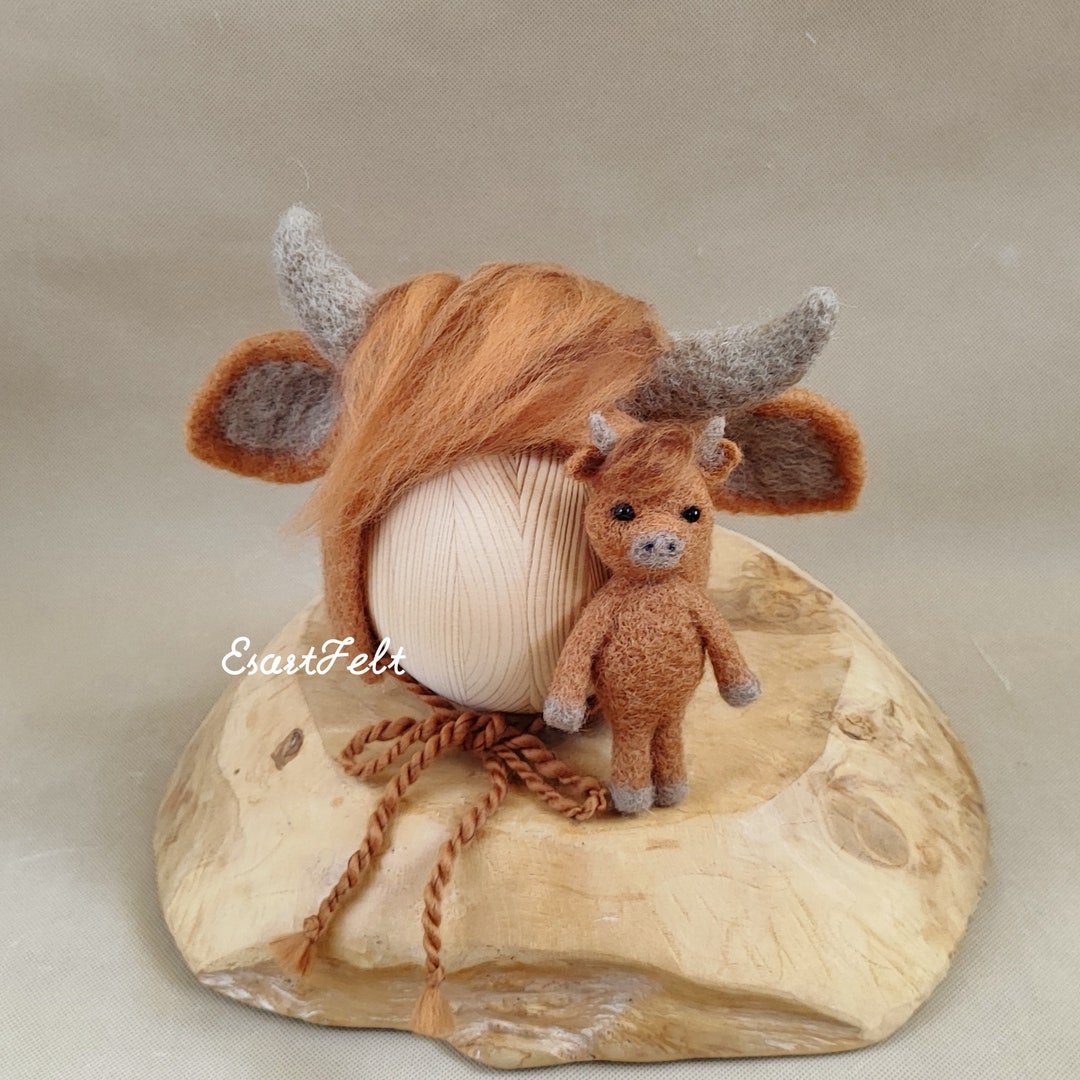 Felted Highland Cow Set Props, Newborn Photo Props Cow Hat, Photography ...