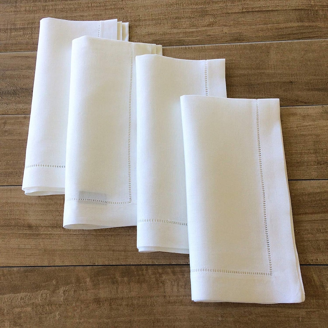 A Set of 50 Hemstitch Linen Napkins in White Color, 50x50 Cm (20"x20 ...