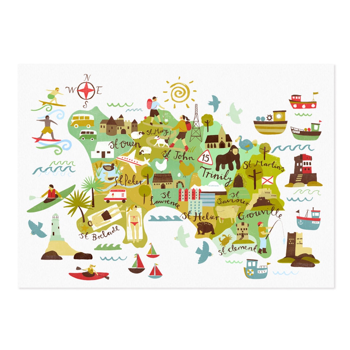 Illustrated Map Print of Jersey, Channel Islands | Illustrated Map ...