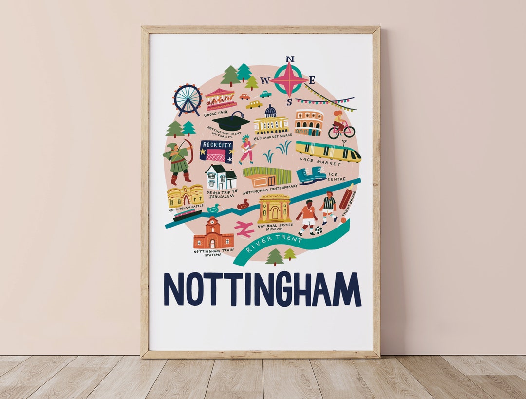 Nottingham Map Print / Illustrated Nottingham Poster/ Nottingham Wall ...