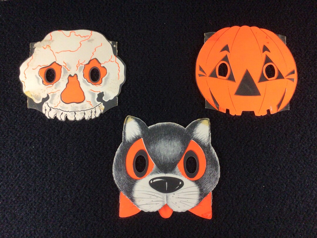 Vintage 1940's Mini Paper Halloween Masks. Black Cat Skeleton Jack O ...