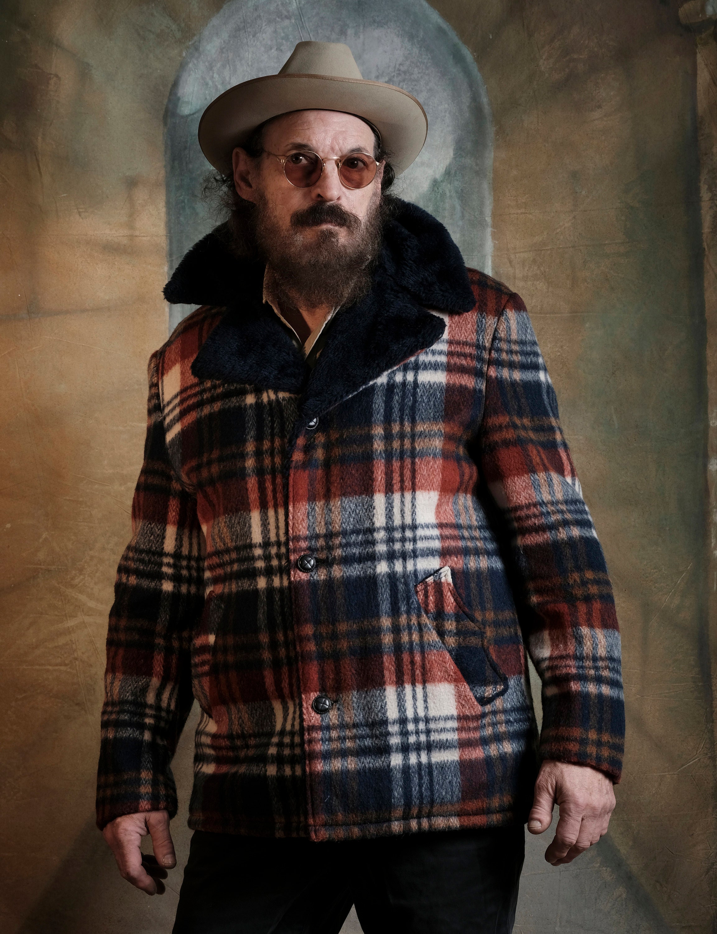 Vintage 70's Wool Shadow Plaid Coat Faux Blue Shearling Lining & Big ...
