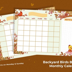 Backyard Birds Printable Undated Monthly Calendar Planner, Cute Digital ...