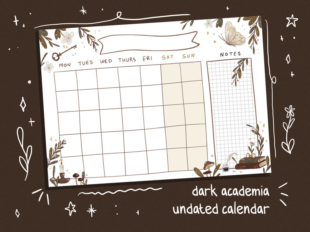 Dark Academia Printable Undated Monthly Planner, Printable Calendar ...