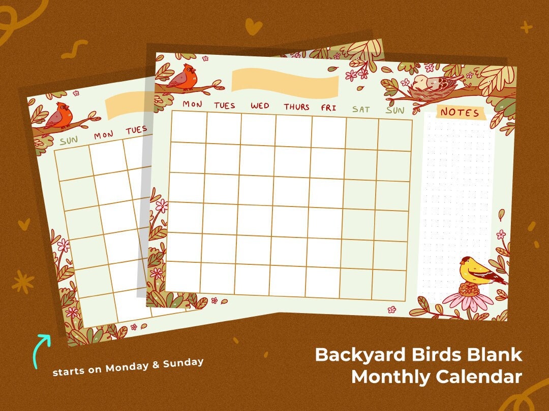 Backyard Birds Printable Undated Monthly Calendar Planner, Cute Digital ...