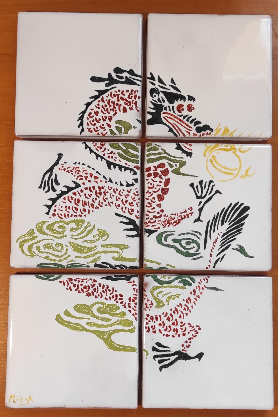 Ceramic Dragon Hand Decorated on Tiles. Majolica Overglaze Technique ...