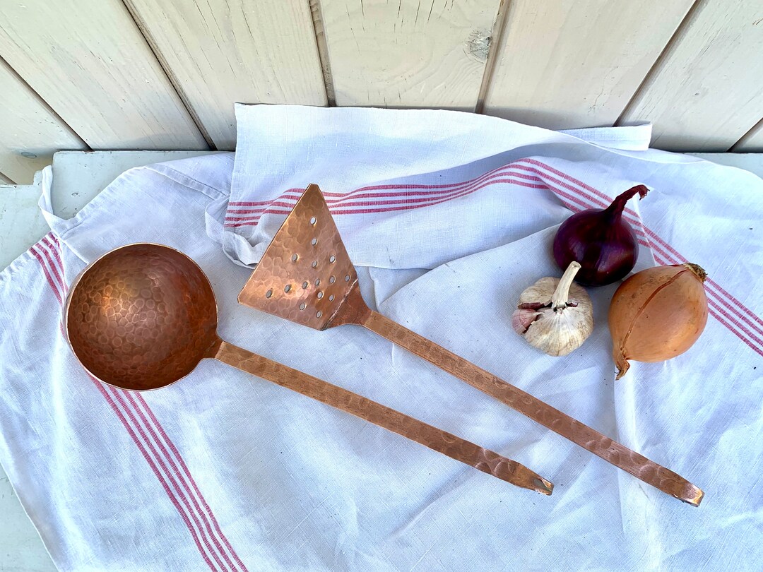 French Antique Large Hammered Copper Ladle & Spatula, Heavy Hand Forged ...
