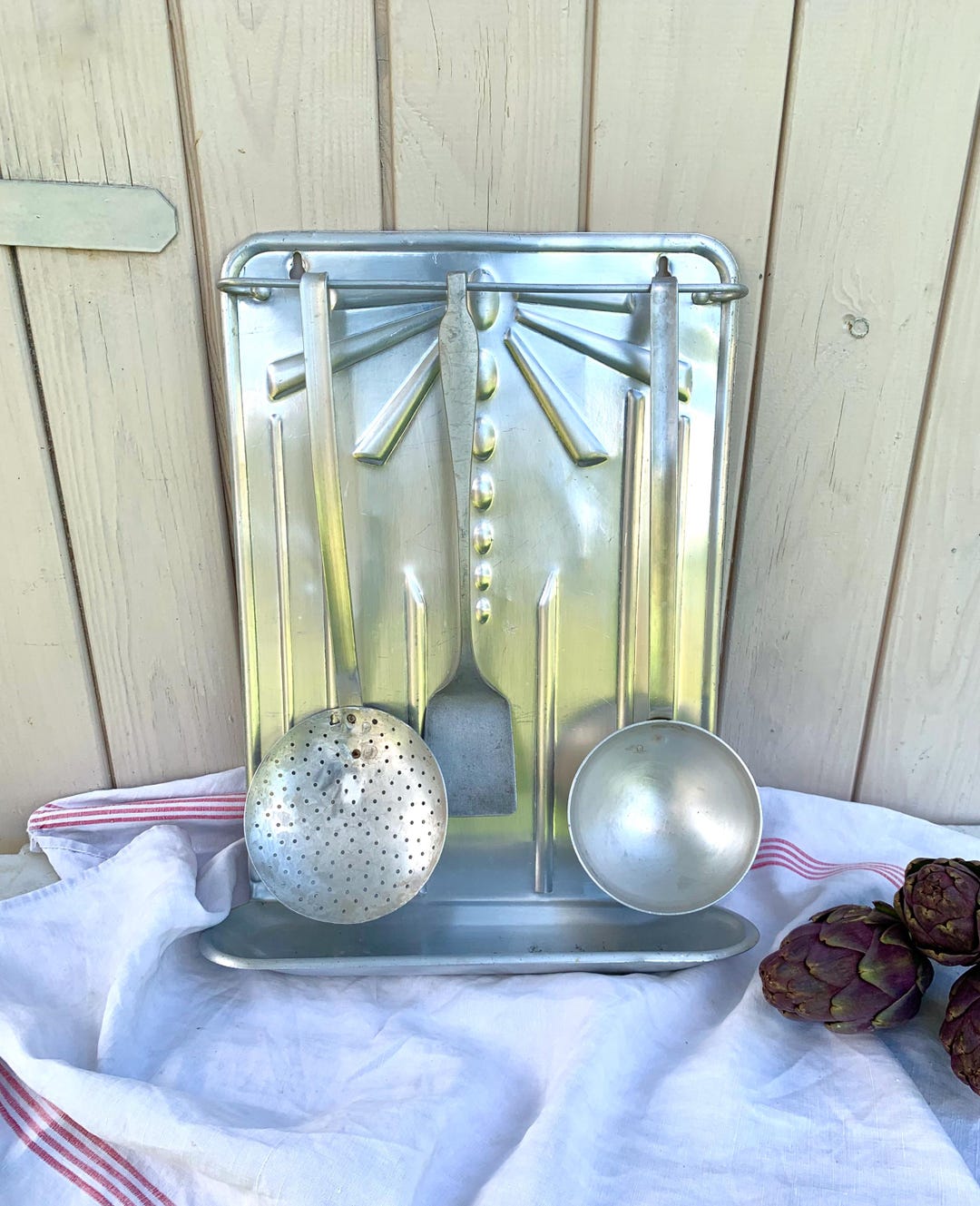 French Mid Century Art Deco Ladle Rack and 3 Utensils, Aluminium Wall ...