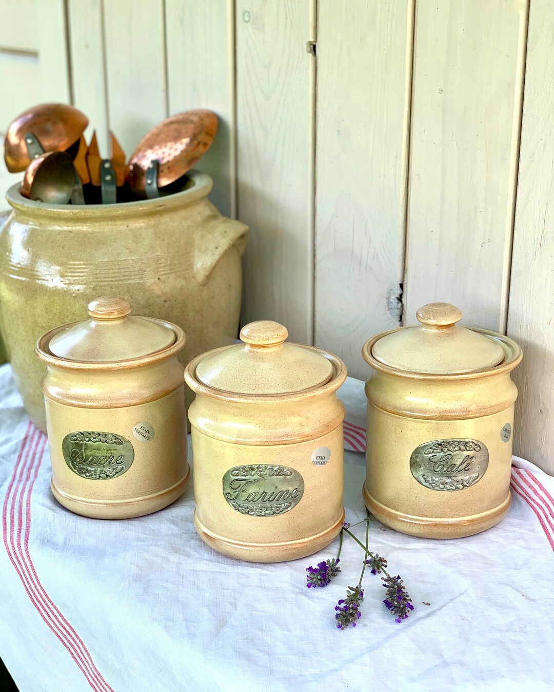 Set of 3 Large Unused French Vintage Ceramic Kitchen Canisters, Heavy ...