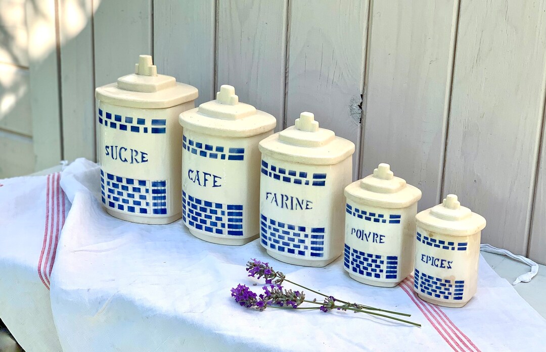 Set of 5 French Mid Century Cream & Blue Ceramic Kitchen Canisters ...