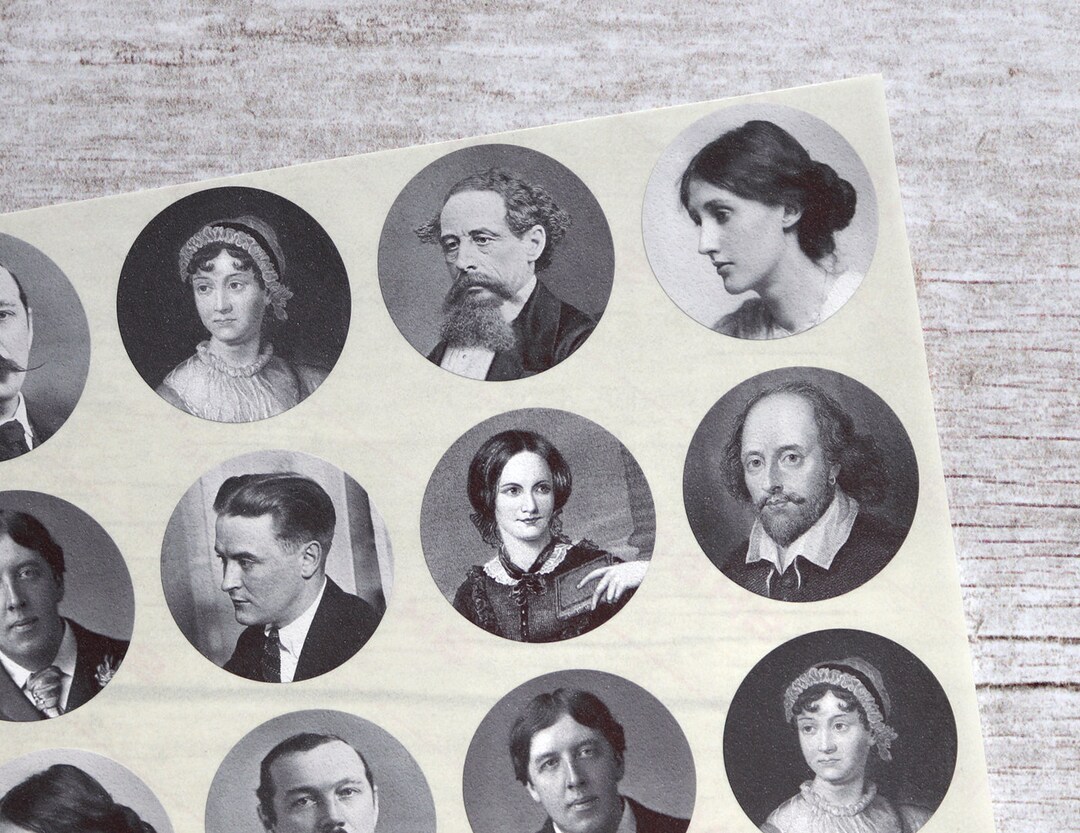 24 Classic Authors Stickers Vintage Illustrations Portrait People Round ...