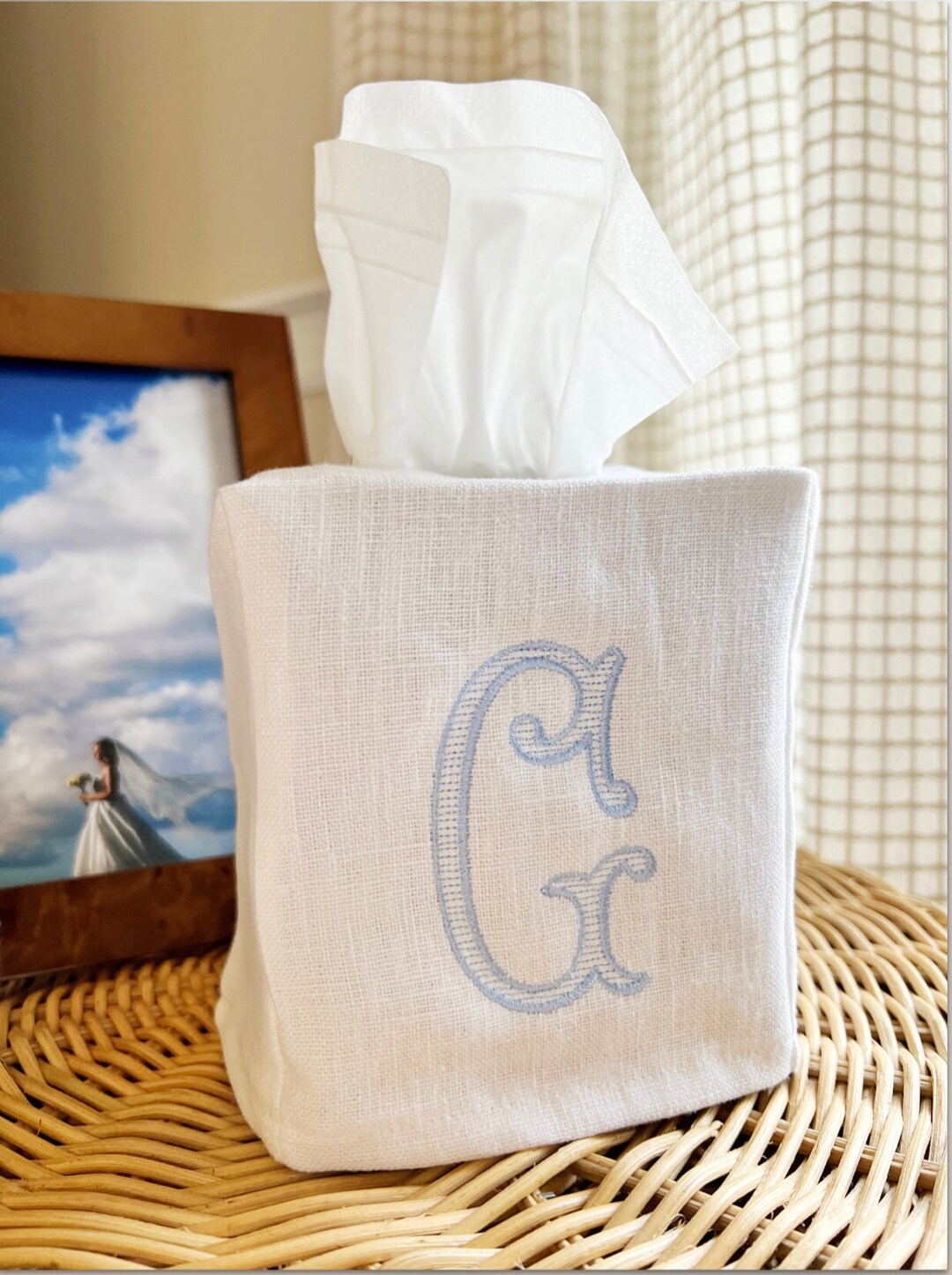Monogrammed Embroidered Linen Tissue Box Cover, Personalized Bathroom ...