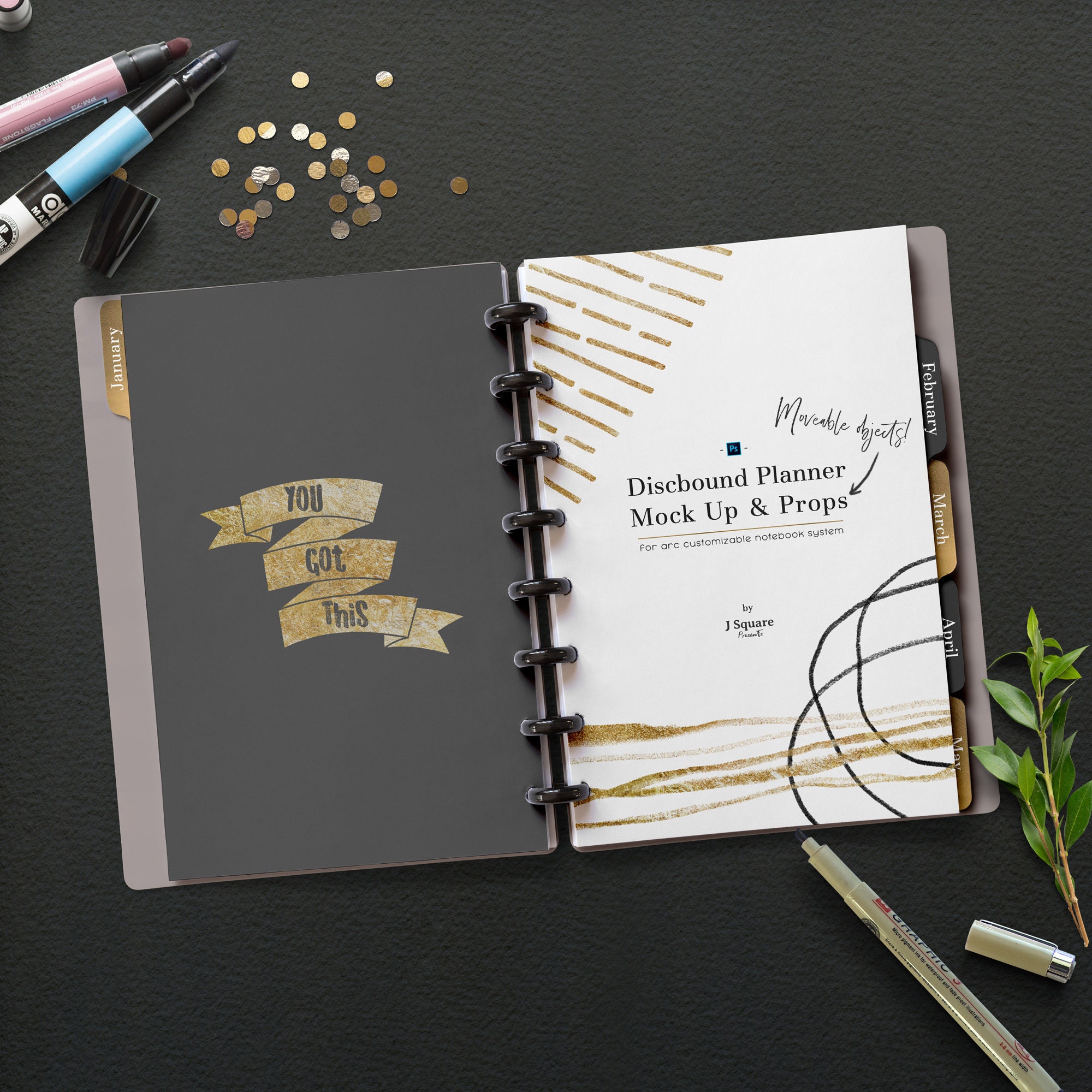 Planner Mockup & Moveable Props, Discbound Monthly Planner Openbook ...