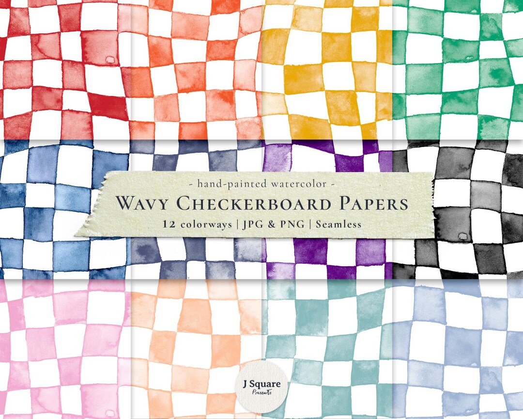12 Watercolor Wavy Checker Printable Scrapbook Paper/ Checkerboard ...