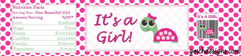 Adorable Baby Girl Turtle Baby Shower Water Bottle Labels for DIY ...