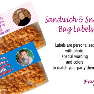 Birthday Party Personalized Printable Sandwich or Snack Baggie Labels ...