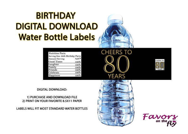 80th Birthday Printable Water Bottle Labels for DIY Printing Digital ...