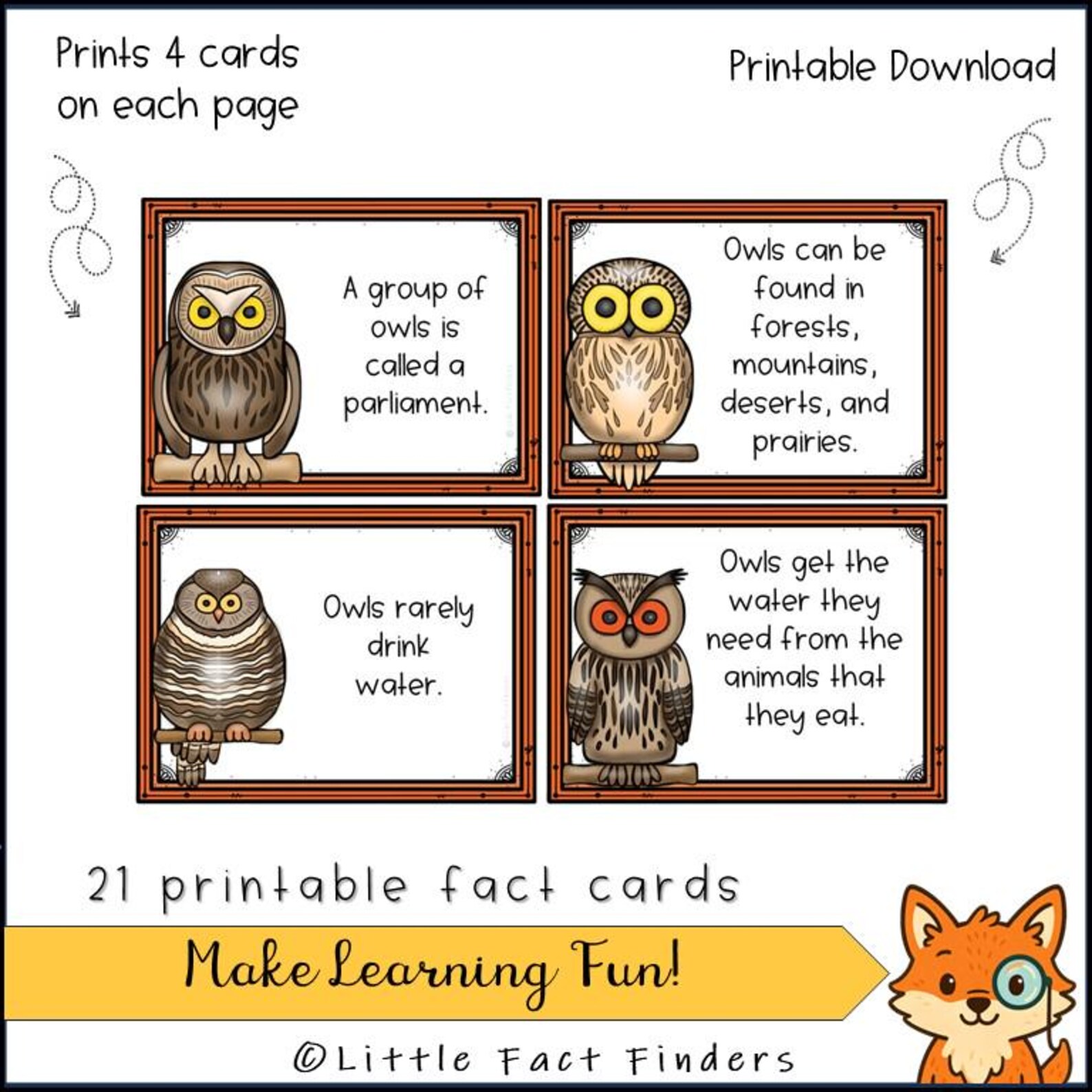 Owl Fact Cards for Kids | Homeschool Nature Study (digital Download) - Etsy