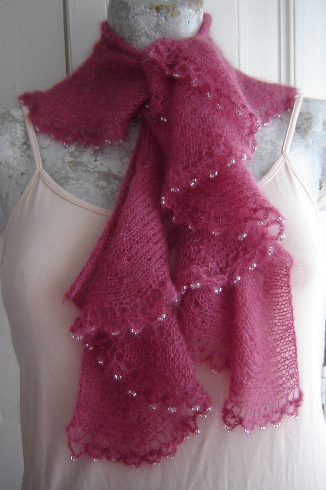 Knitting Pattern for -beaded Frill Scarf, a Glamorous Waterfall Scarf ...