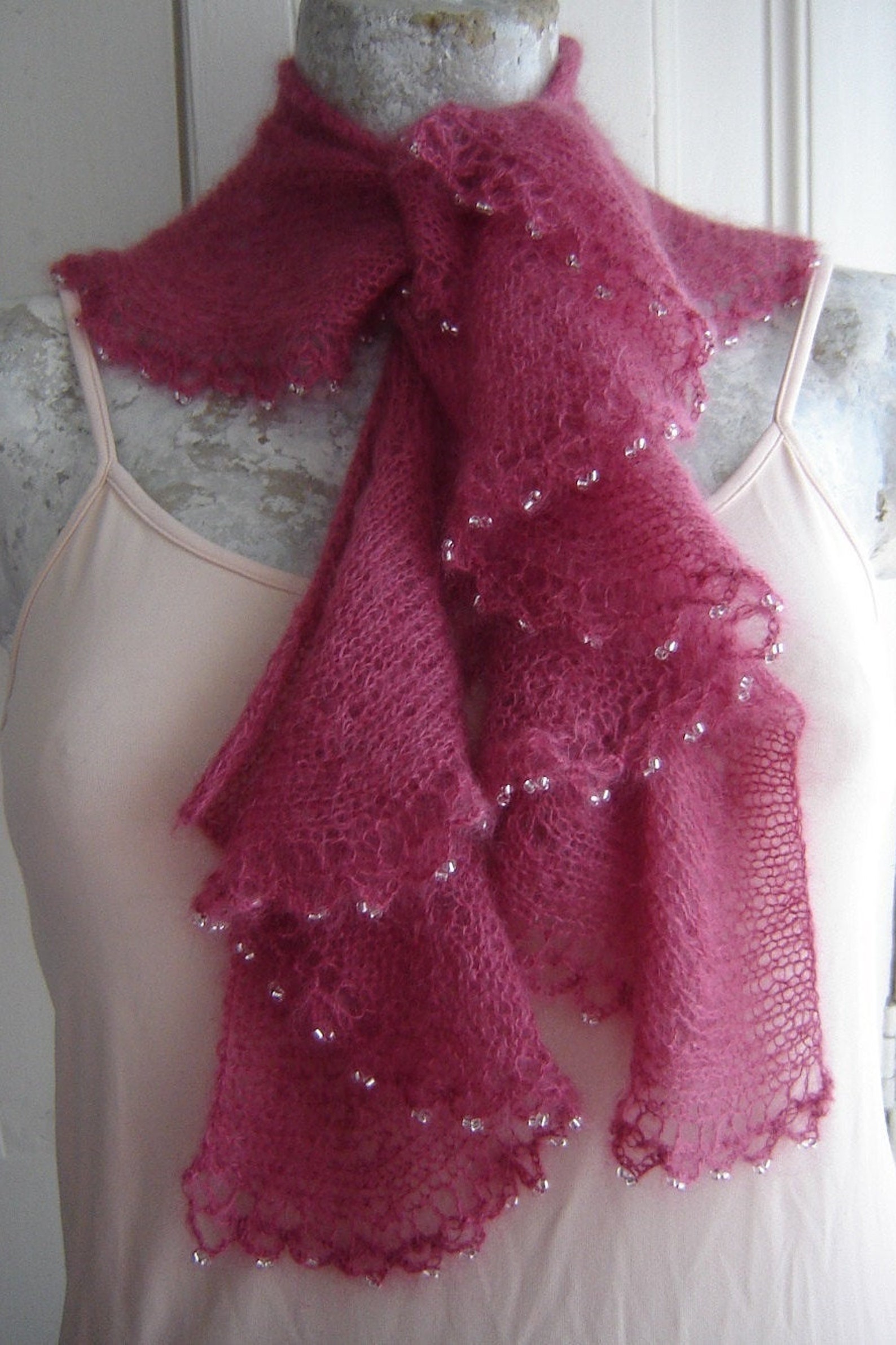 Knitting Pattern for beaded Frill Scarf, a Glamorous Waterfall Scarf ...