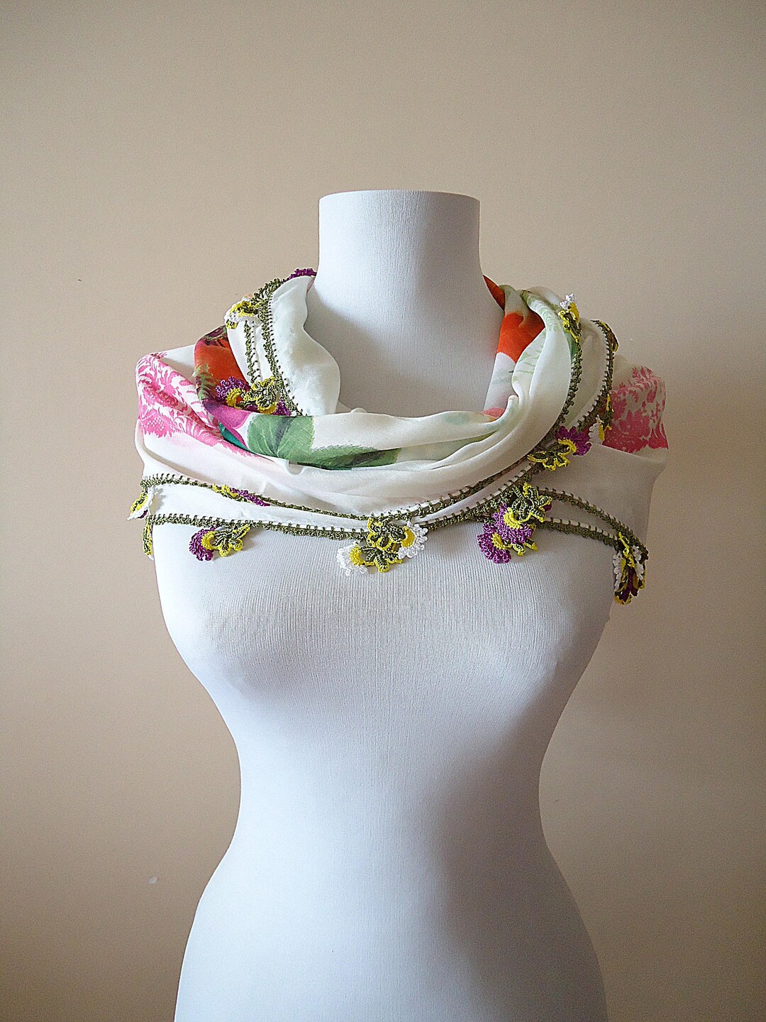 Traditional Turkish Scarf Beige Pink Floral Scarf Cotton Oya - Etsy