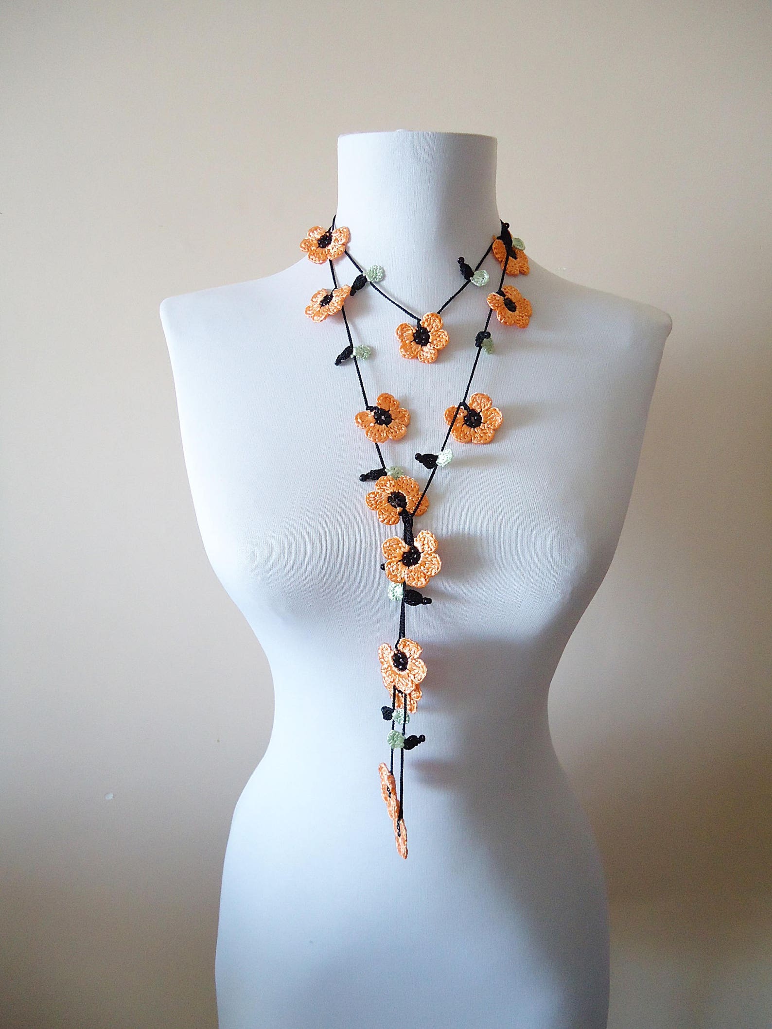 Crochet Oya Necklace Orange Flowers Oya Beaded Lariat - Etsy New Zealand