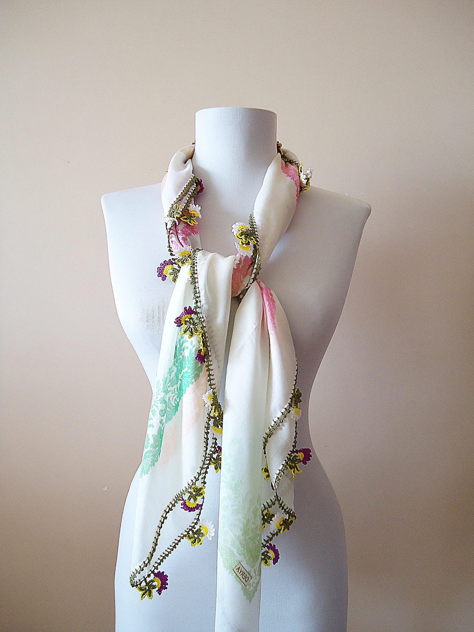 Traditional Turkish Scarf Beige Pink Floral Scarf Cotton Oya | Etsy