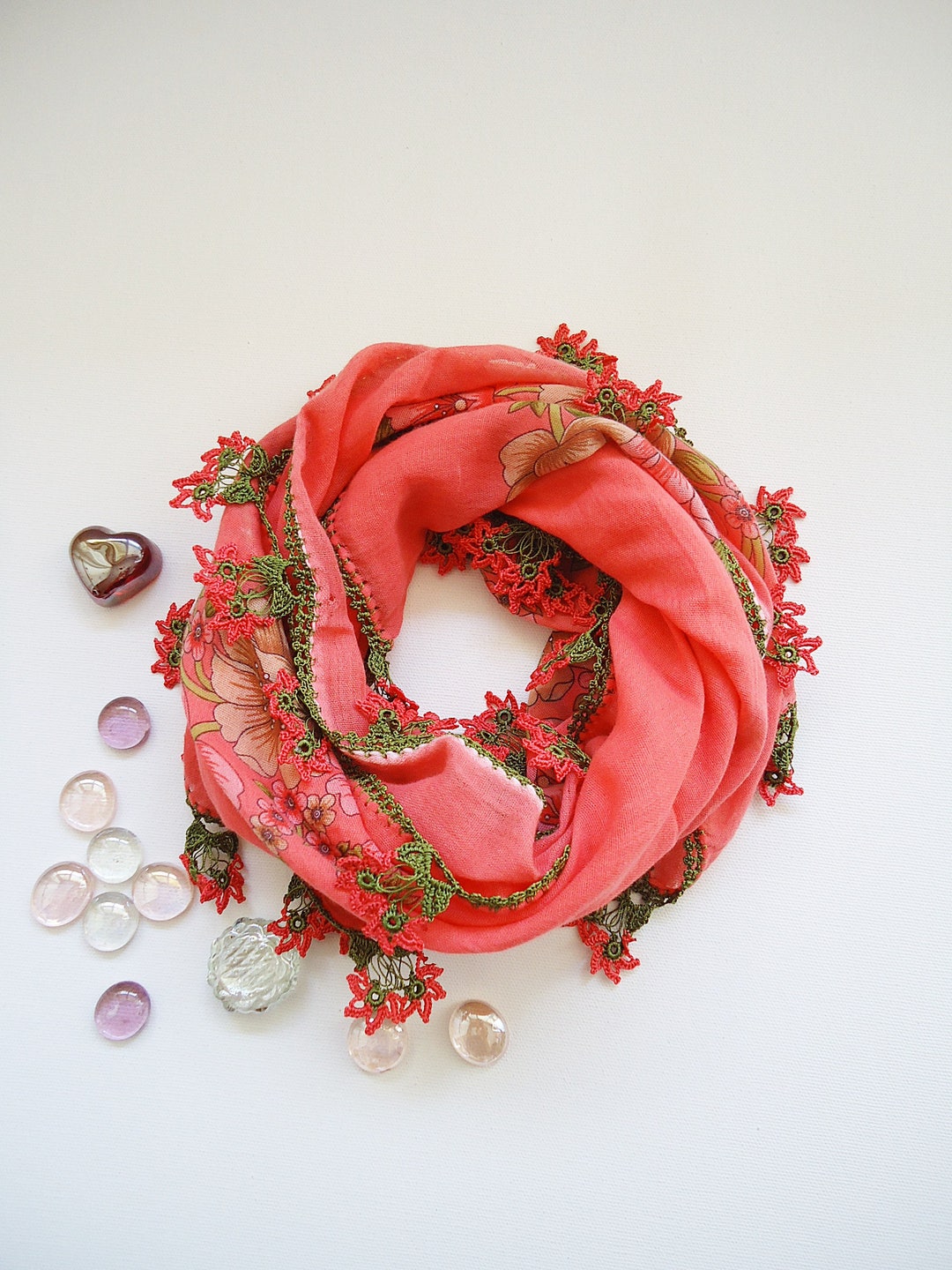 Traditional Turkish Scarf, Orange Pink Floral Scarf, Cotton Oya Scarf ...
