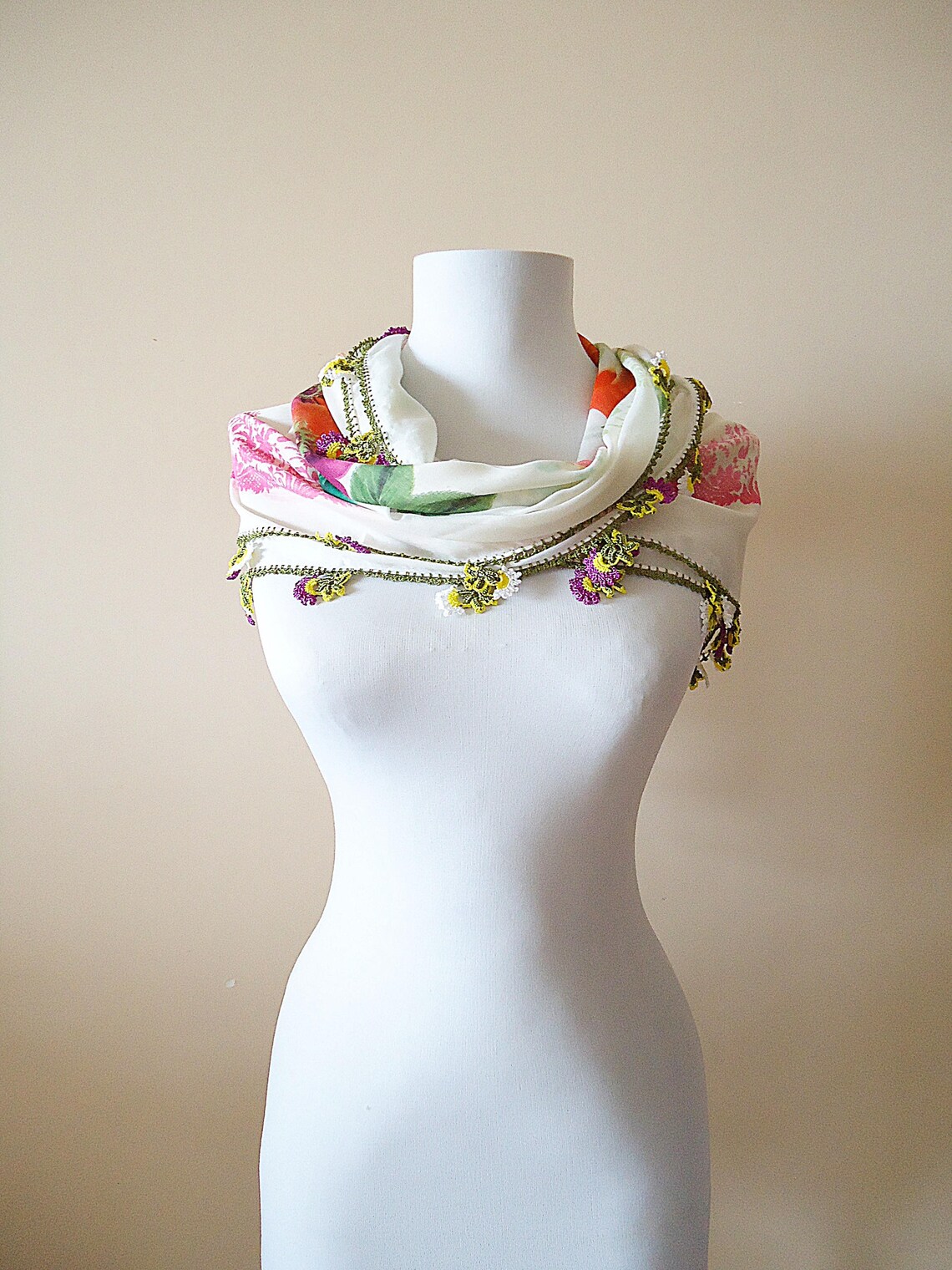Traditional Turkish Scarf Beige Pink Floral Scarf Cotton Oya - Etsy