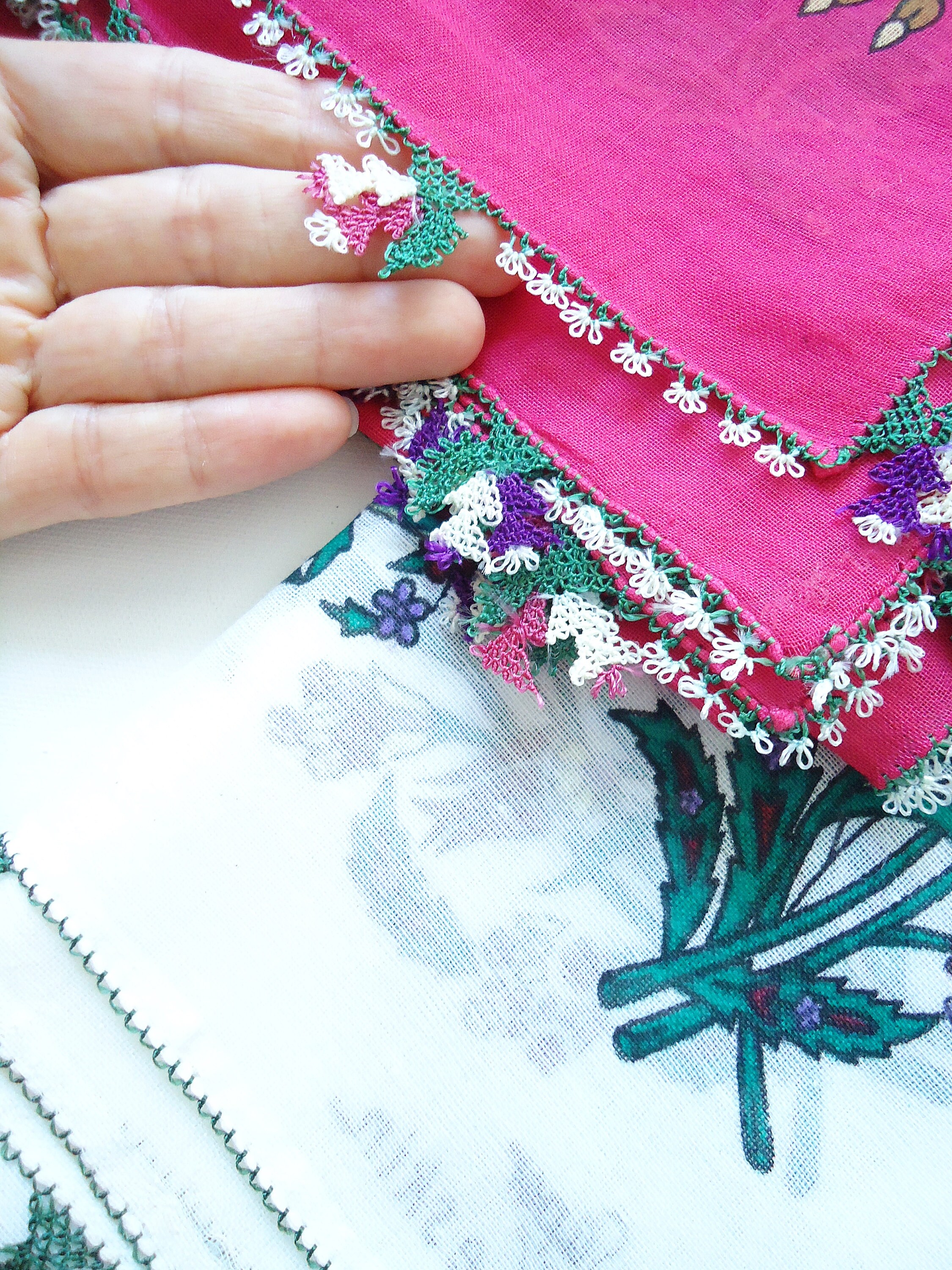 Vintage Turkish Scarf with needle lace trim Fuchsia Cotton | Etsy