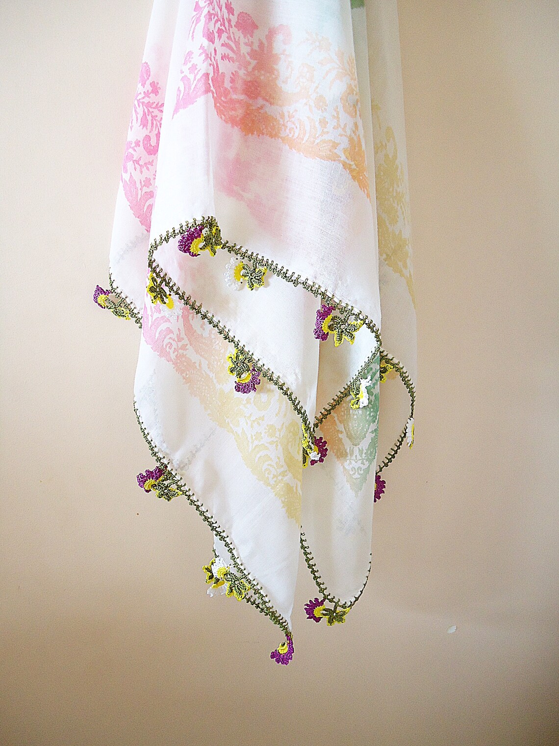 Traditional Turkish Scarf Beige Pink Floral Scarf Cotton Oya - Etsy