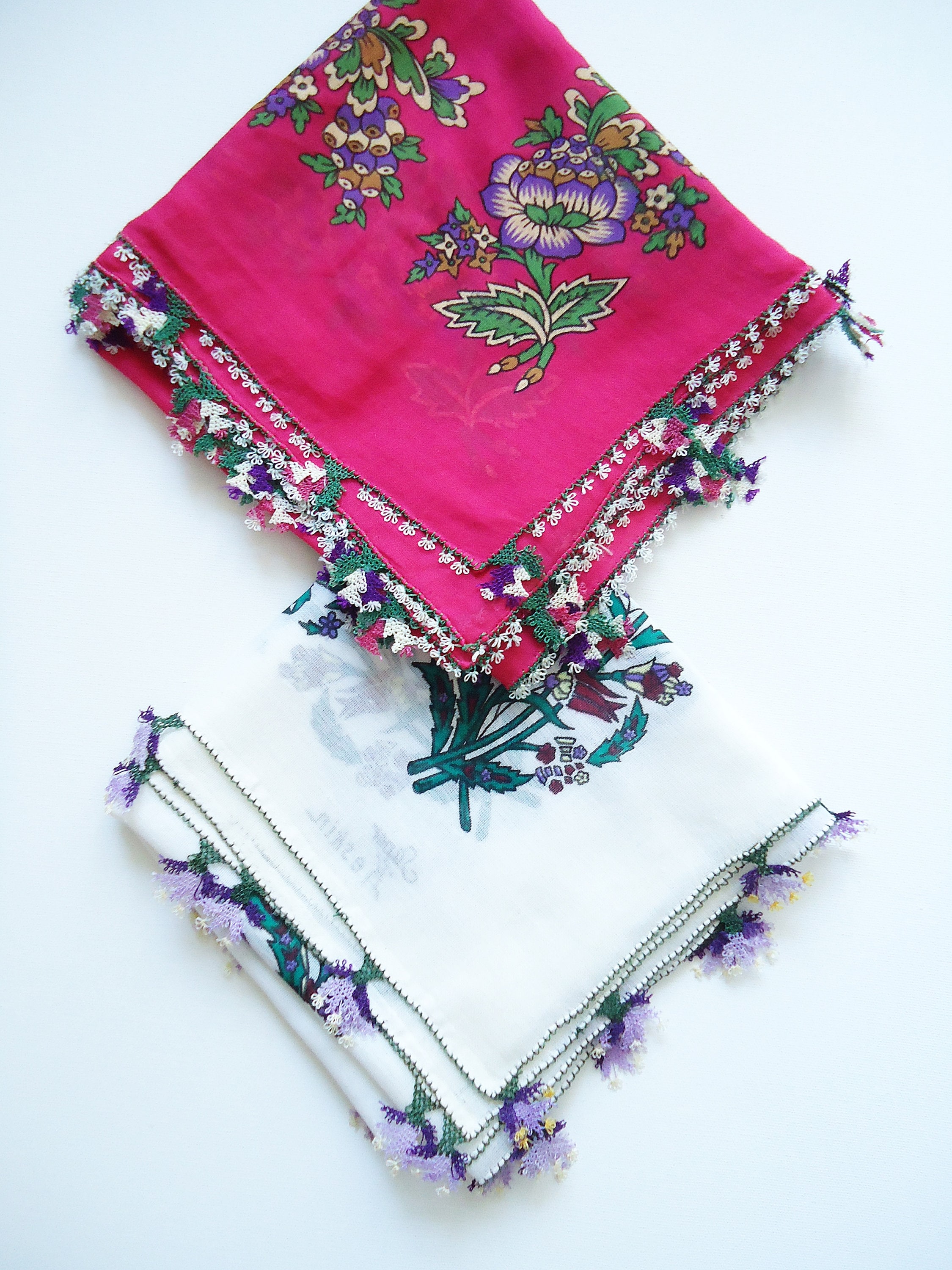 Vintage Turkish Scarf with needle lace trim Fuchsia Cotton | Etsy