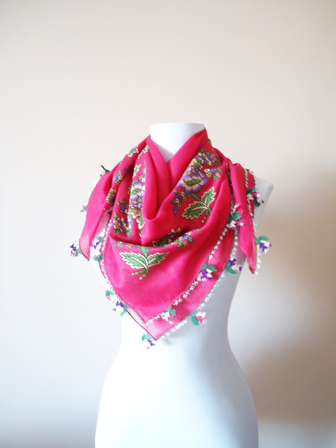 Vintage Turkish Scarf with needle lace trim Fuchsia Cotton | Etsy