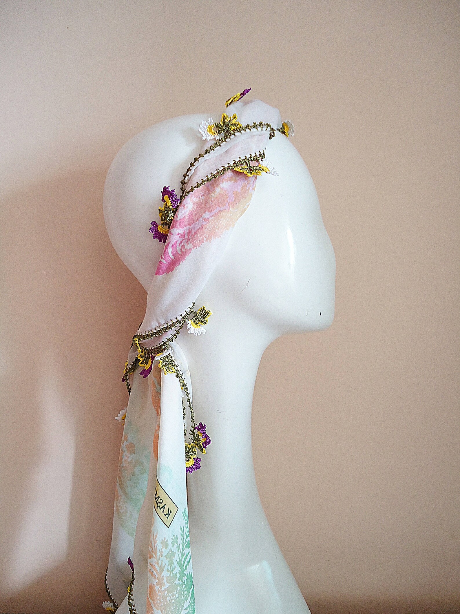 Traditional Turkish Scarf Beige Pink Floral Scarf Cotton Oya | Etsy