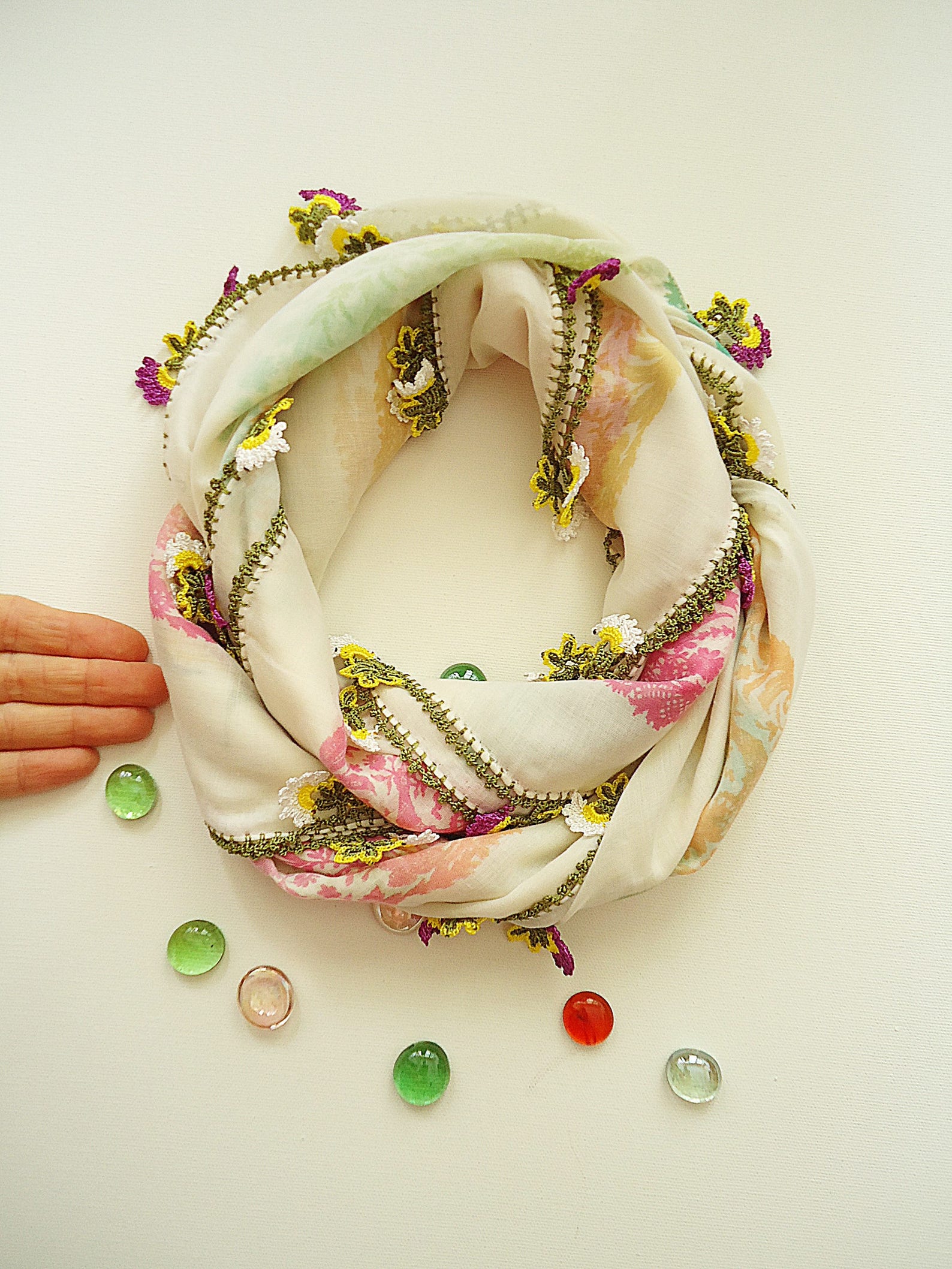 Traditional Turkish Scarf Beige Pink Floral Scarf Cotton Oya | Etsy