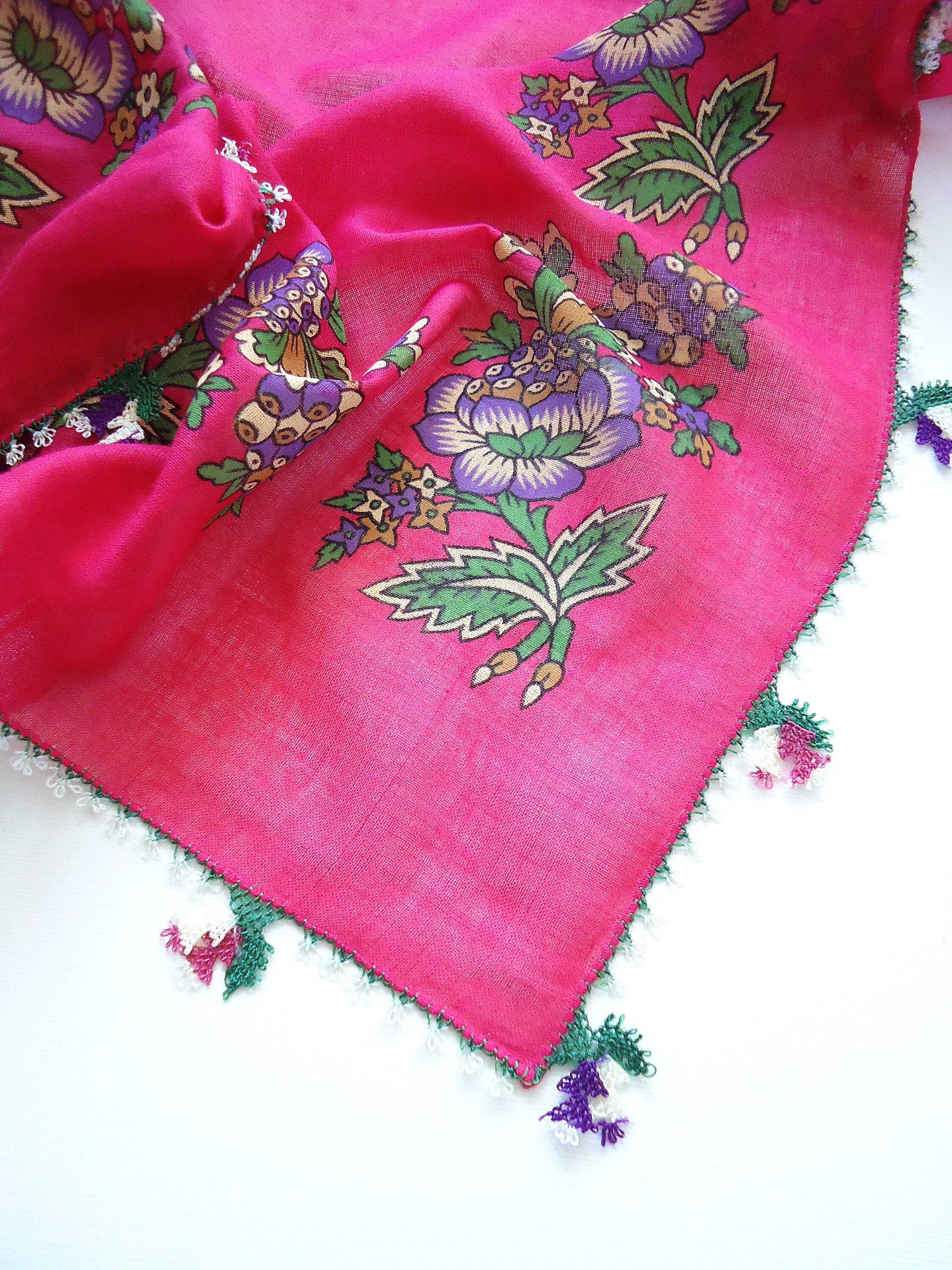 Vintage Turkish Scarf with needle lace trim Fuchsia Cotton | Etsy